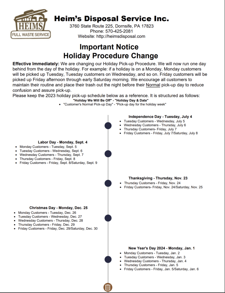 2023 Holiday Procedure Change Notice - Heim's Disposal Service Inc